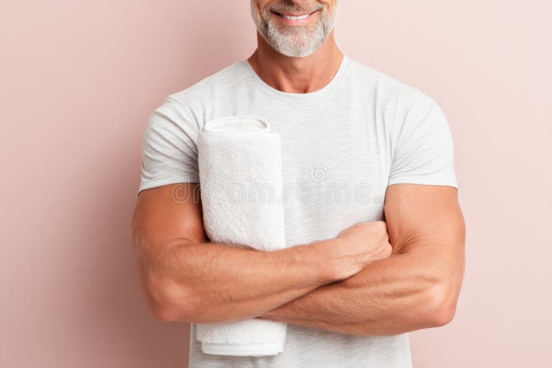 A Man Embraces Tranquility after a Refreshing Shower Drying Off with a ...