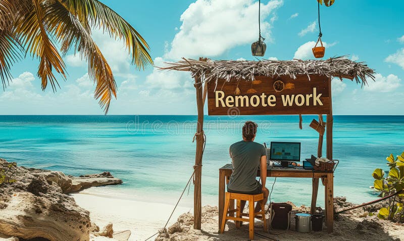 Man Embracing Digital Nomad Lifestyle with Remote Work Setup on a Tropical Beach, Showcasing the ...