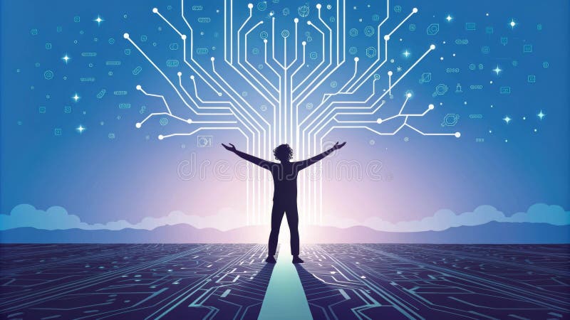 Man Embracing Technological Innovation, Pathway To Progress in Digital ...