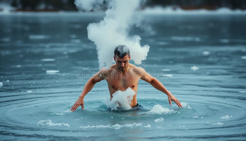 A Man Emerges from the Water, Creating Splashes Around Him Generated ...