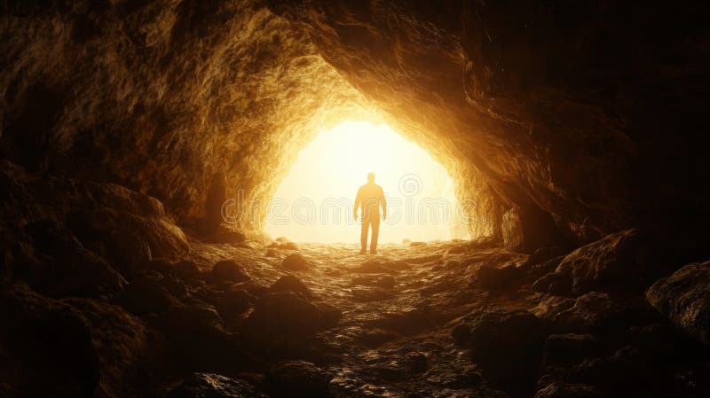 Man Emerging from a Cave Transitioning from Complet Stock Photo - Image ...