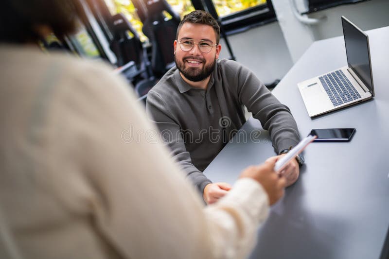 Man Employee in the Office Take Document from His Female Colleague ...