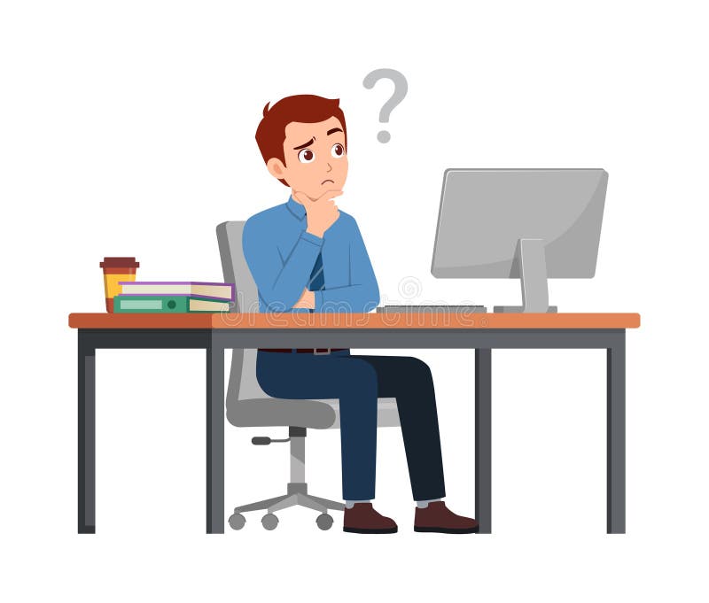 Man Employee Sit Think in Desk Working on Office with Computer and ...