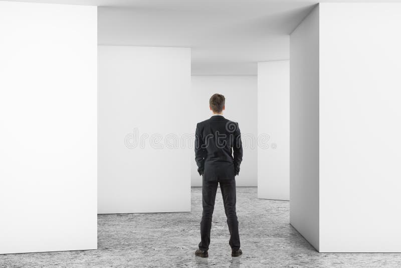 Man in Empty Loft Interior Room with City View, Grey Wal Stock Photo ...