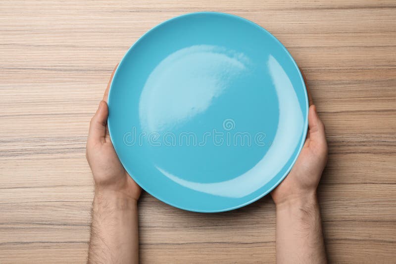 Man with Empty Plate at Wooden Table Stock Image - Image of design ...