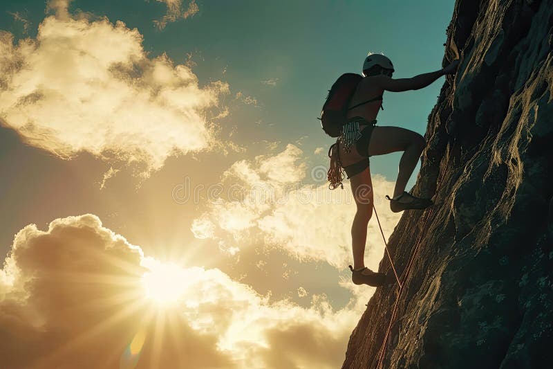 A Man is Energetically Climbing a Challenging Rock Wall at Sunset Stock ...