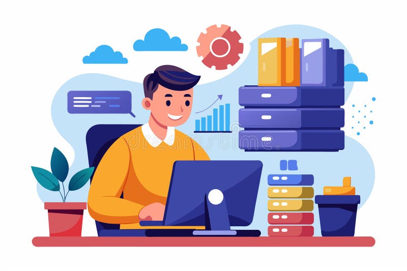 A Man is Engaged with His Computer while Managing Large Database Backup ...