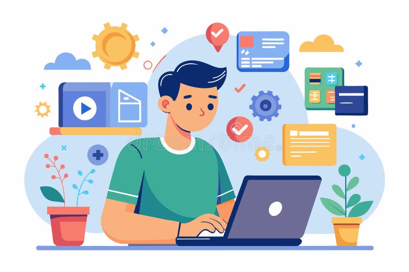 A Man is Engaged in Installing Various Applications on His Laptop while ...