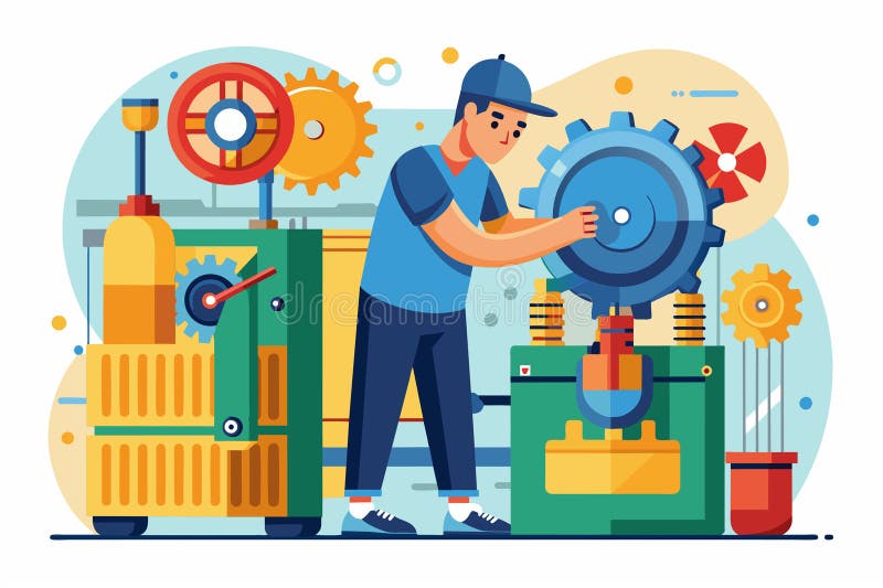 A Man is Engaged in Monthly Maintenance on a Machine, Adjusting Gears ...
