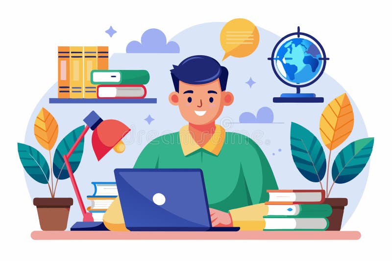 A Man Engaged in Online Learning Using His Laptop at Home, with Books ...