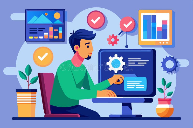 A Man is Engaged in Updating Software on His Computer in a Contemporary ...