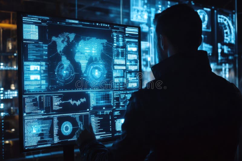 Man Interacts with Advanced AI Technology by Entering Commands on a ...