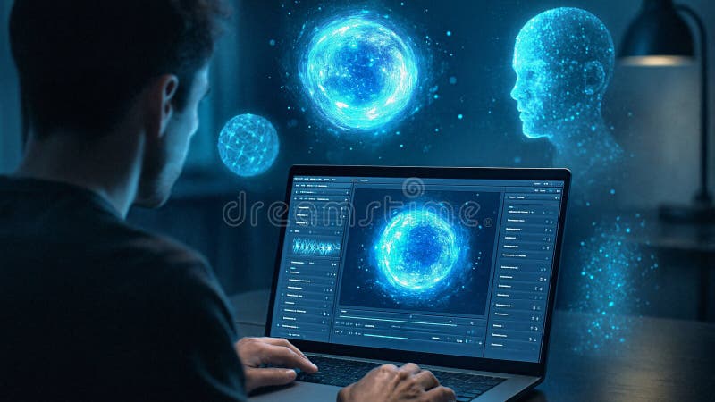 Man Engages with a Digital Interface on a Laptop, Visualizing ...