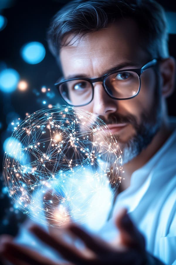 A Man Engages with a Glowing Digital Globe, Symbolizing Technology and ...