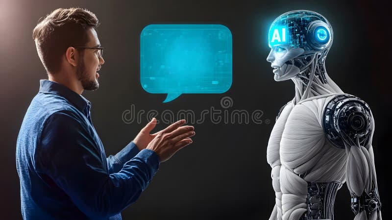 Man Engaging in Conversation with AI Robot Stock Illustration ...
