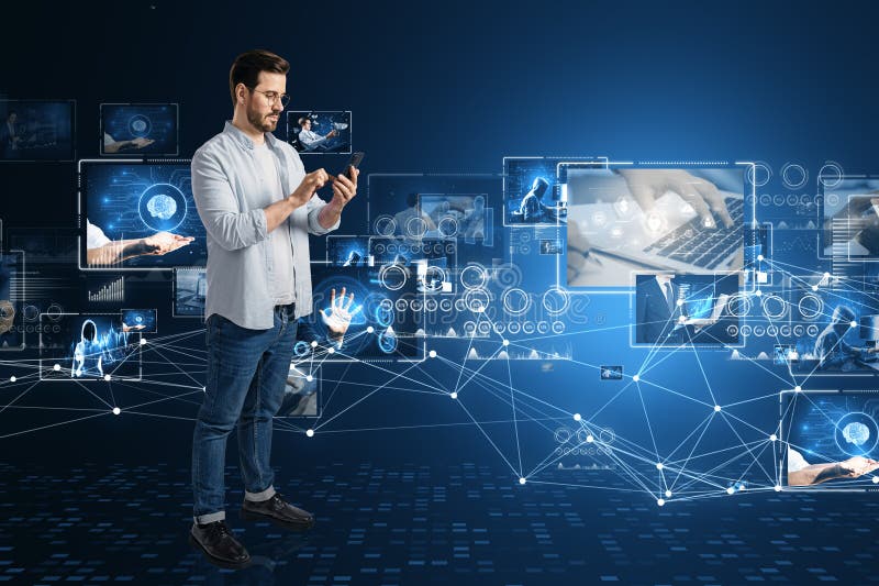 Man Engaging with a Virtual Interface for Media Streaming, Showcasing ...