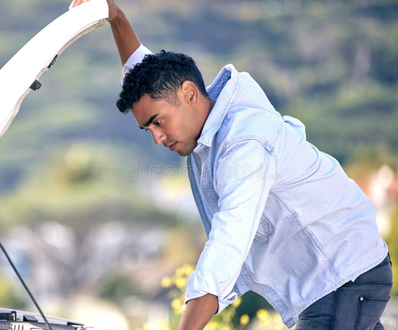 Man, Engine and Check with Car Problem on Road for Solution ...