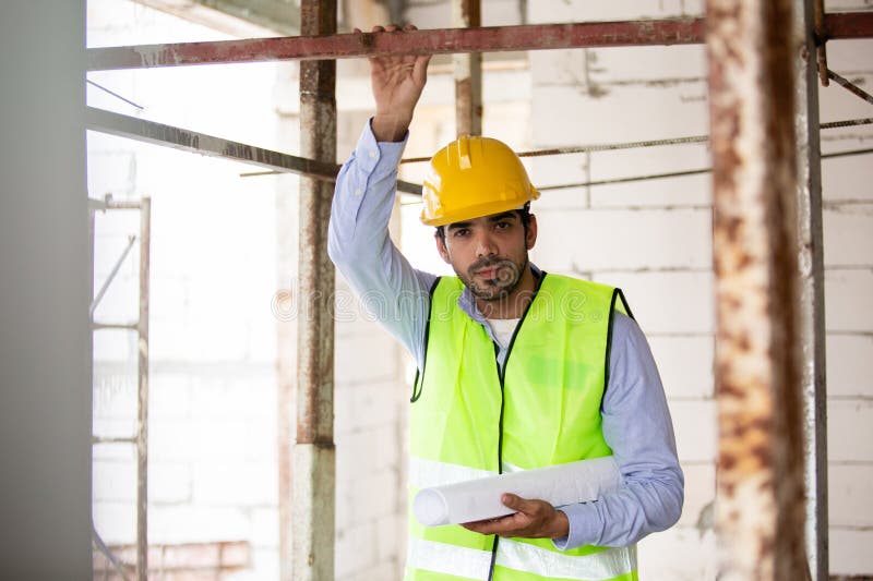 Man Engineer Builder House Construction Holding Blueprint Drawing. Male ...