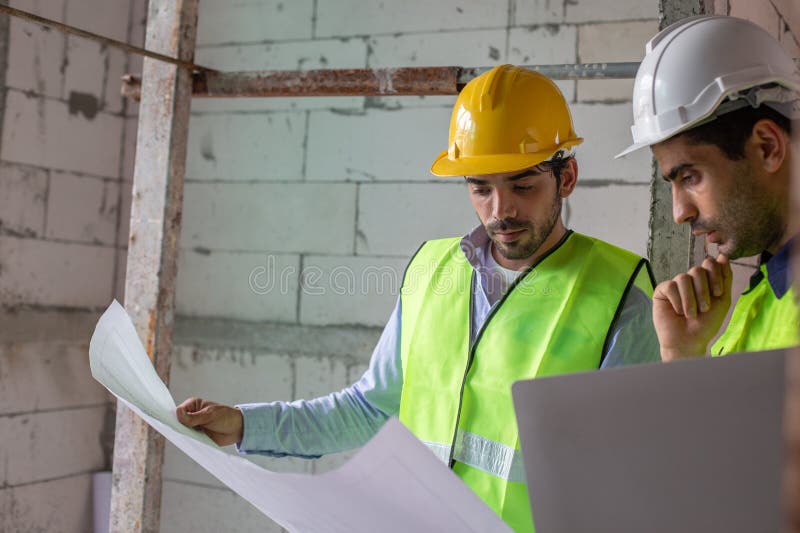 Man Engineer Builder House Construction Holding Blueprint Drawing. Male ...