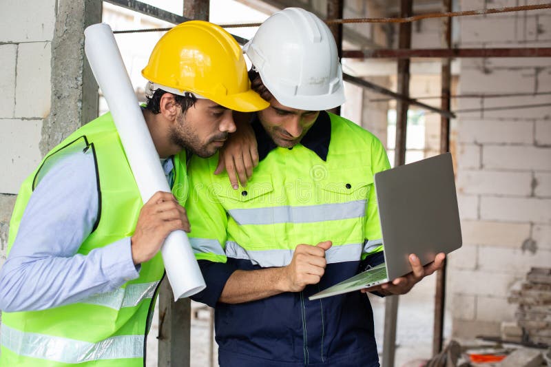 Man Engineer Builder House Construction Holding Blueprint Drawing. Male ...