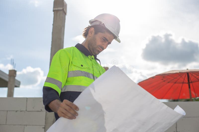 Man Engineer Builder House Construction Holding Blueprint Drawing ...