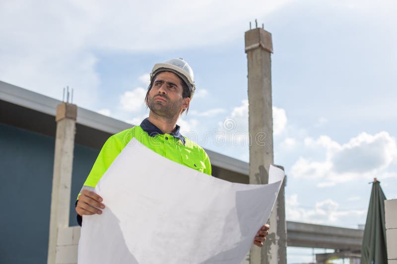 Man Engineer Builder House Construction Holding Blueprint Drawing ...