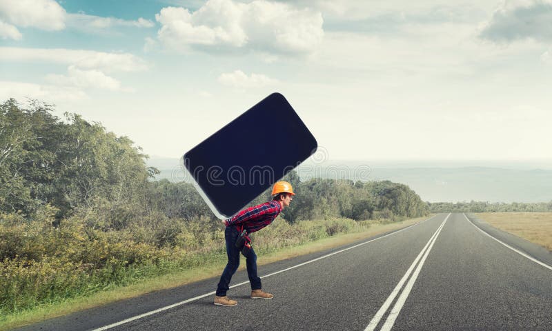 Builder Man Carry Huge Smartphone Stock Photo - Image of protective ...