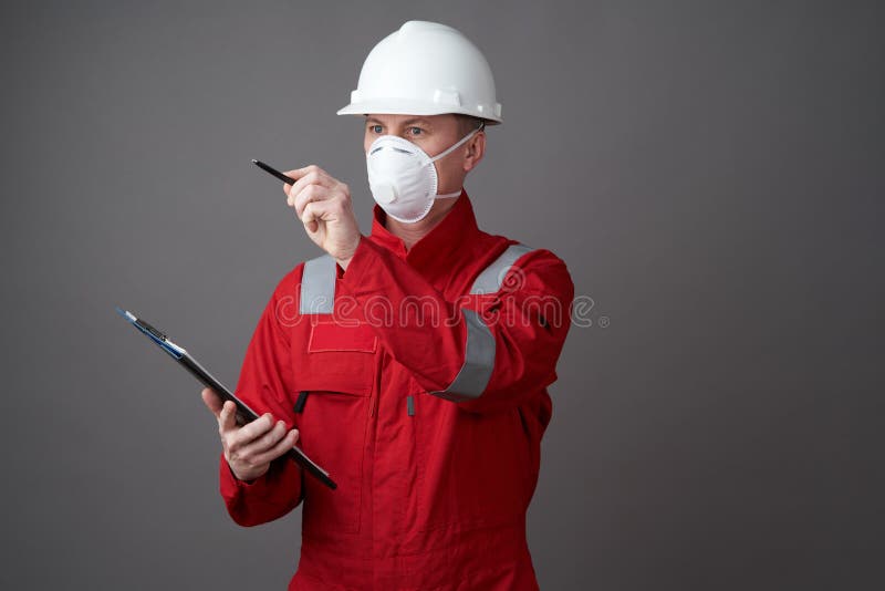 Man Engineer, Construction Worker Wearing Face Mask Stock Photo - Image ...