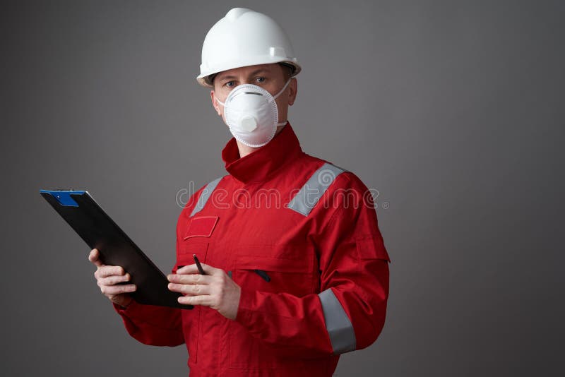 Man Engineer, Construction Worker Wearing Face Mask Stock Image - Image ...