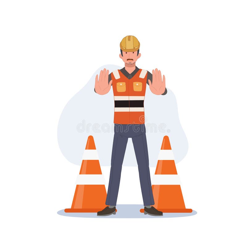 Man Engineer Doing NO STOP Hand Sign Gesture, with Traffic Cone. No ...