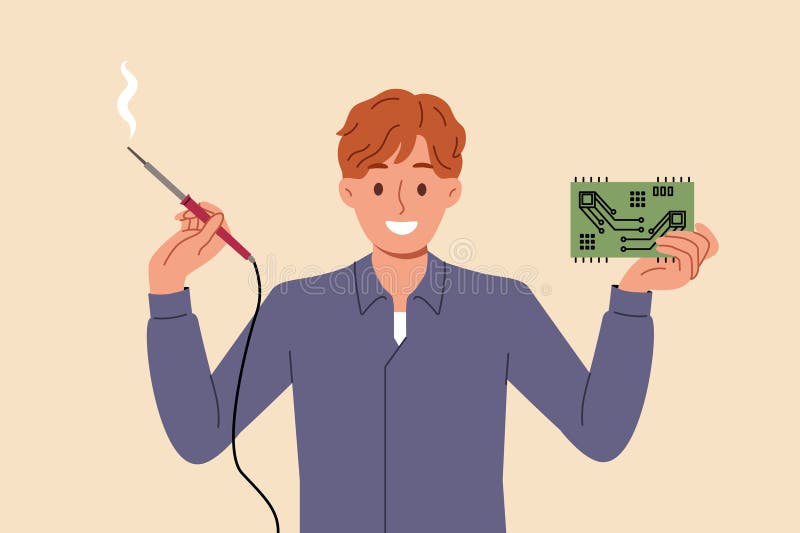 Man Engineer with Electronic Circuit and Power Tool in Hands Rejoices ...