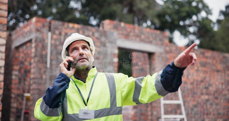 Man, Engineer and Explain with Phone Call for Construction ...