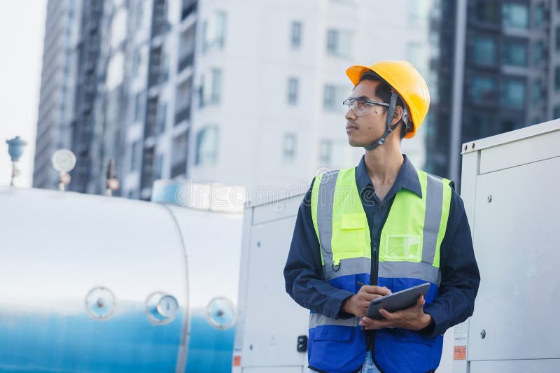 Man Engineer Holding Tablet Working at Rooftop Building Construction ...