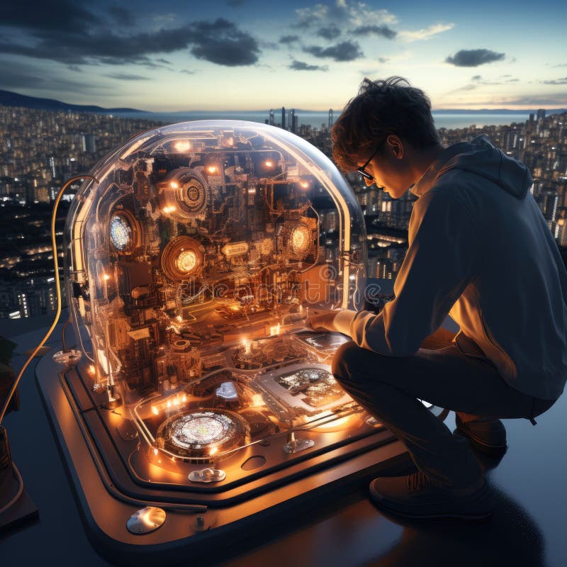 A Man Engineer is Installing a Small Size Quantum Computer. Stock Image ...