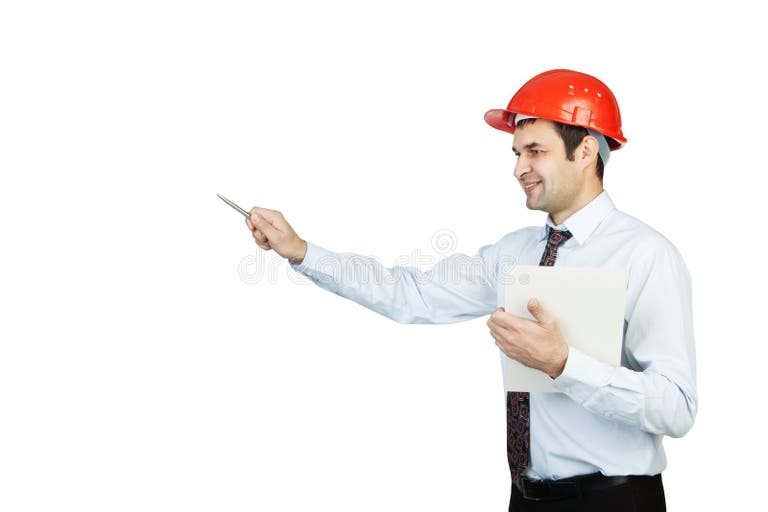 Man Engineer in a Red Helmet Shows His Pen Stock Image - Image of ...