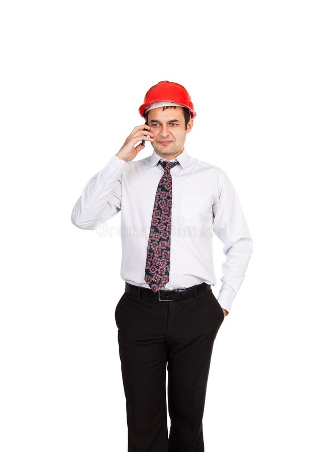 Man Engineer in a Red Helmet Talking on the Phone Stock Photo - Image ...