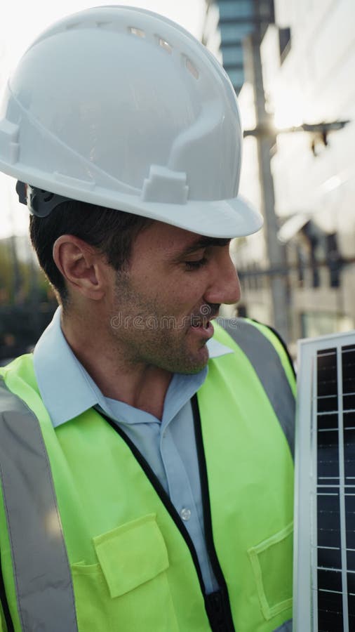 Portrait of Man Engineer Presenting Compact Solar Panel during Video ...