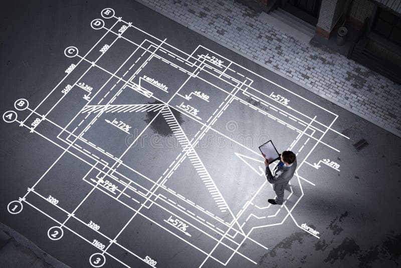 Man Engineer Thinking Over His Plan. Mixed Media Stock Photo - Image of ...