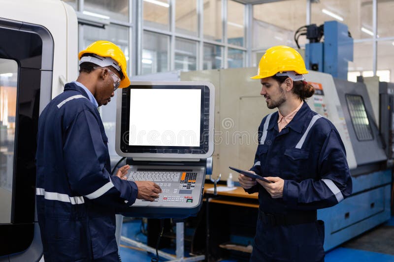 Man Engineer Using Computer Blank White Screen Controlling Cnc Machine ... Man Engineer Using Computer Blank White Screen Controlling Cnc Machine ...