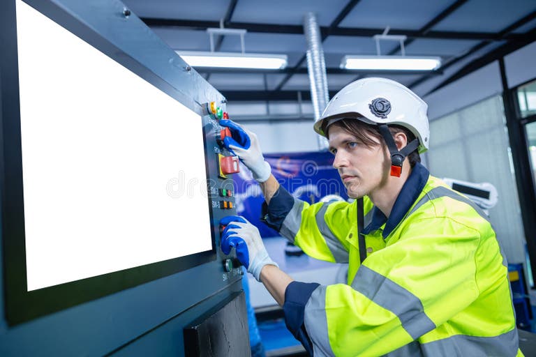 Man Engineer Using Computer Blank White Screen Controlling Machine ...