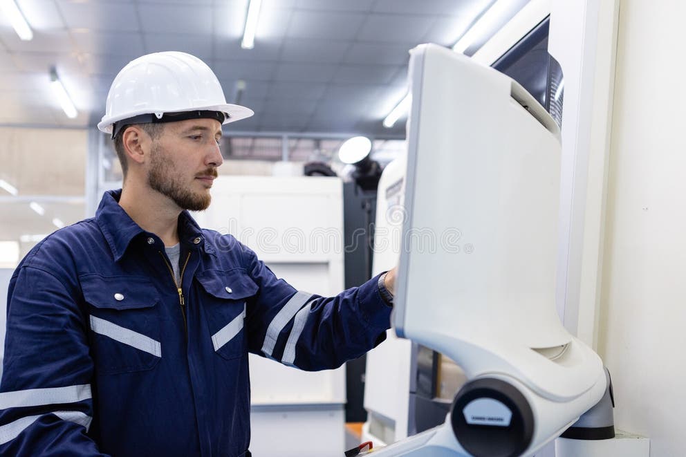 Man Engineer Using Computer Controlling Cnc Machine at Workshop ...