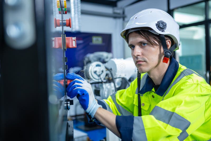 Man Engineer Using Computer Controlling Machine Automation Robotics at ...