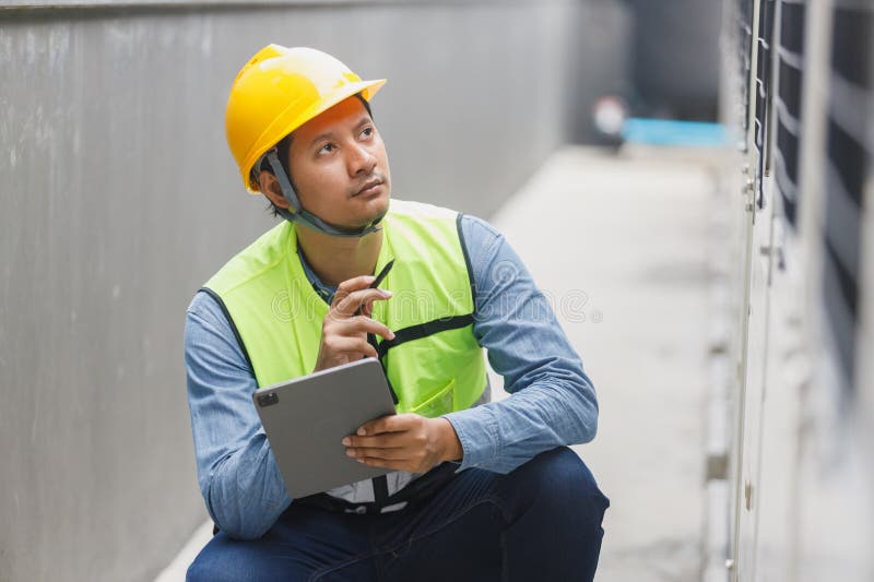 Man Engineer Using Tablet Working at Rooftop Building Construction. Male Technician Worker ...