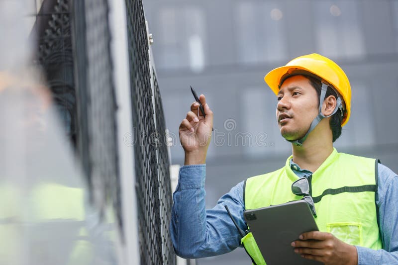 Man Engineer Using Tablet Working at Rooftop Building Construction. Male Technician Worker ...