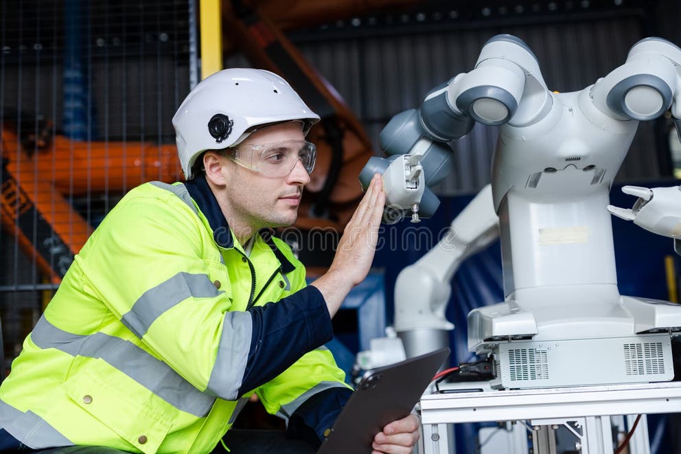Man Engineer Using Teblet Control Robot Arm Automate. Robotic Automation in Line Production at ...