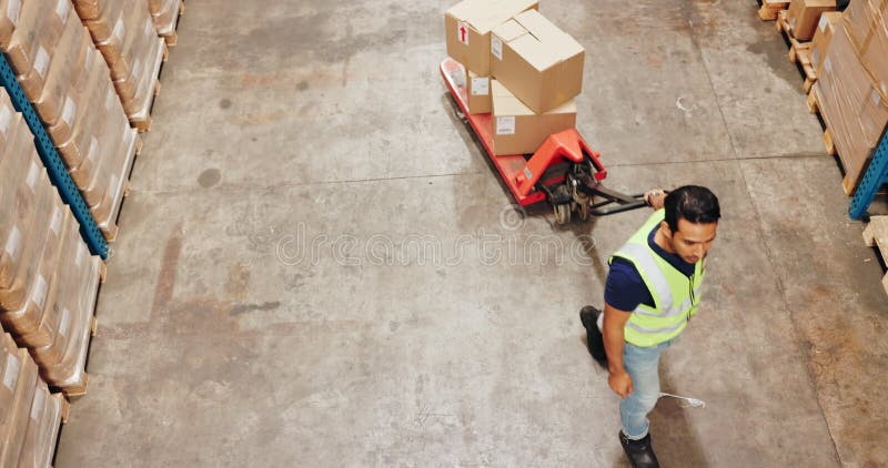 Man, Engineer and Walking with Boxes Above in Warehouse for Supply ...