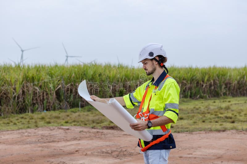 Man Engineer Worker Reading Blueprint Working on Wind Turbine Renewable ...