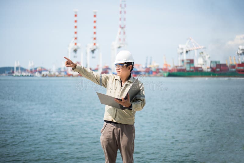 The Man Engineer Working with Container Cargo Stock Photo - Image of ...