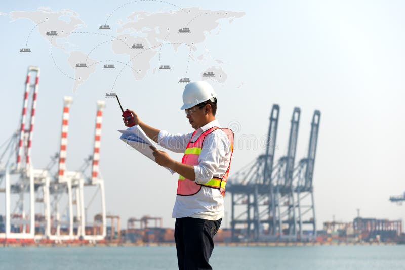 The Man Engineer Working with Container Cargo Freight Ship in Shipyard ...