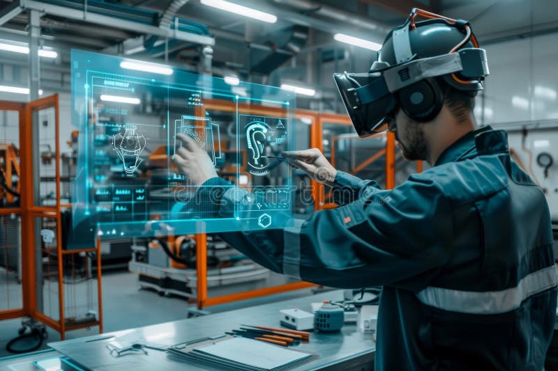 A Man, an Engineer, Working in a Factory, Interacting with a Virtual ...
